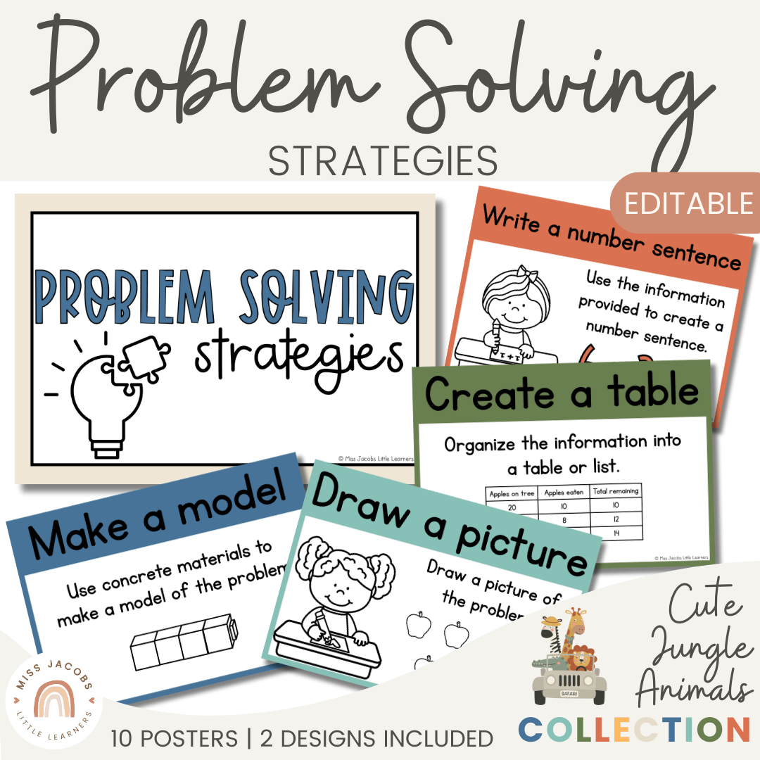 Math Problem Solving Strategies Posters | Cute Jungle Animals