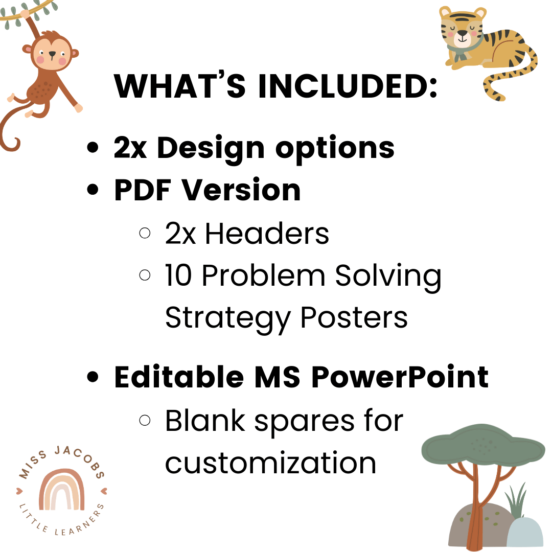 Math Problem Solving Strategies Posters | Cute Jungle Animals