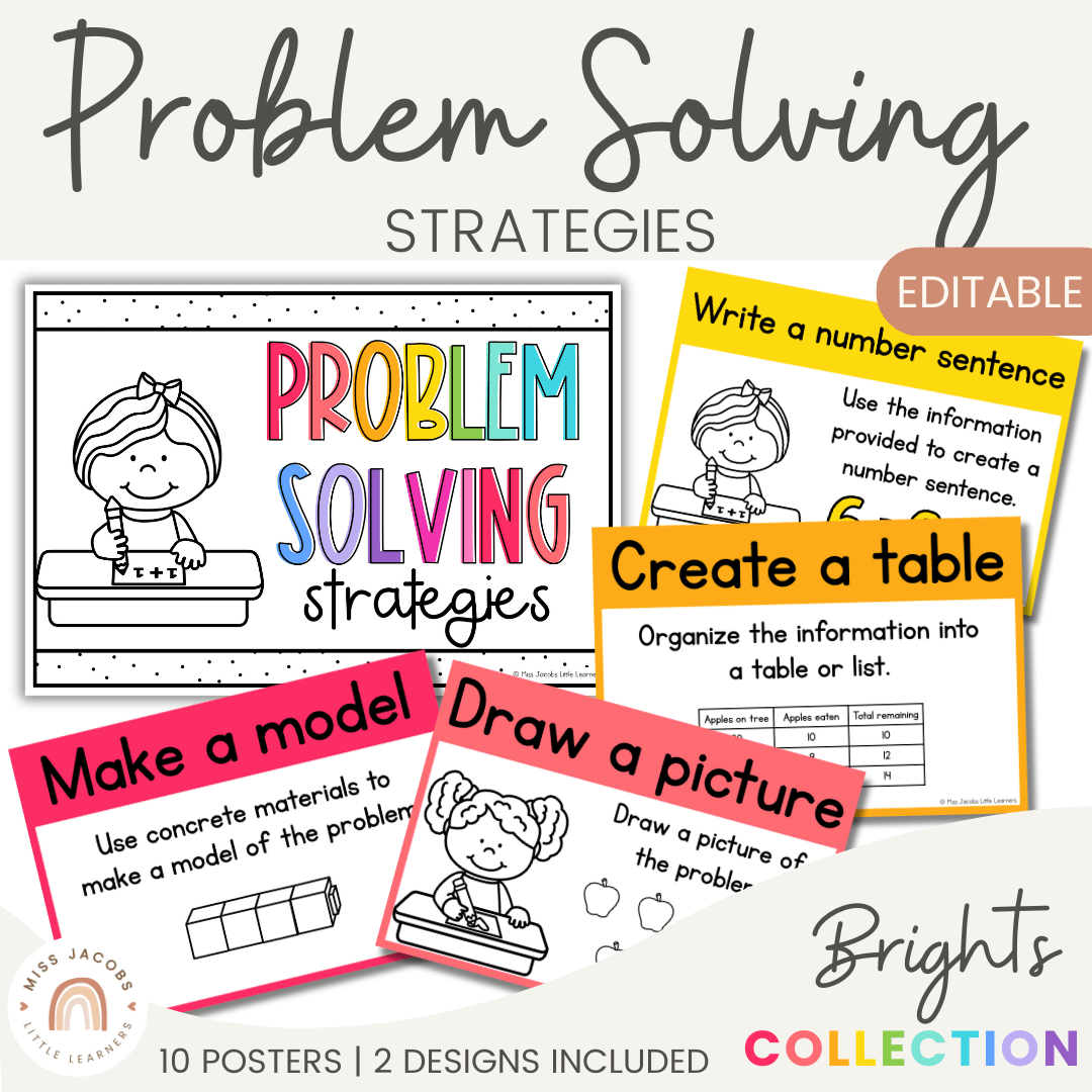 Math Problem Solving Strategies Posters - Bright Theme - Miss Jacobs