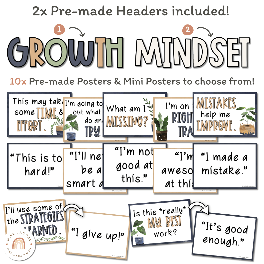 Growth Mindset Posters - Boho Plants Classroom Decor
