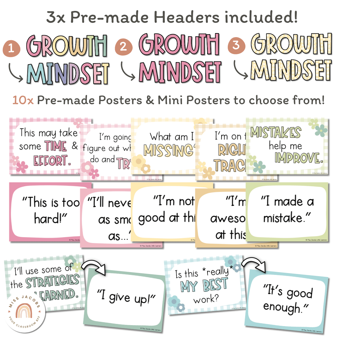 Growth Mindset Posters - Daisy Gingham Pastels Decor