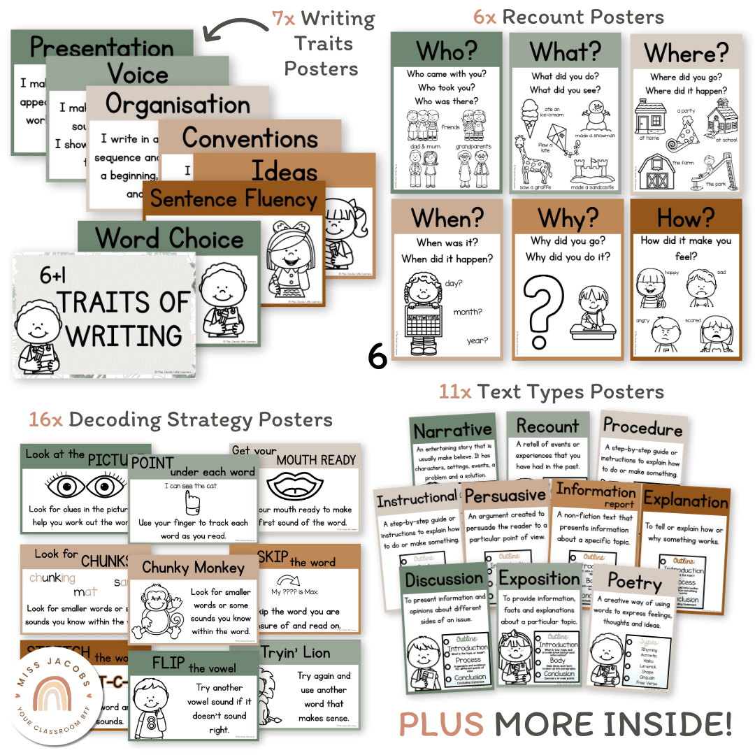 English Posters Reading and Writing Bundle - Modern Jungle Earthy