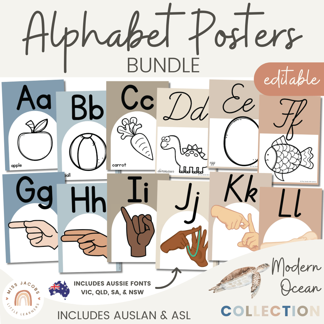 Modern Ocean Alphabet Posters Bundle with ASL & Auslan Alphabet