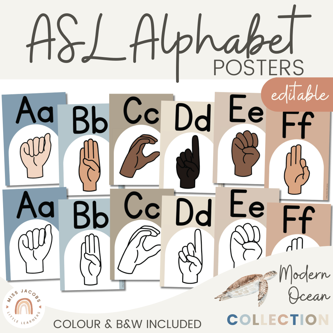 Modern Ocean ASL (American Sign Language) Alphabet Posters