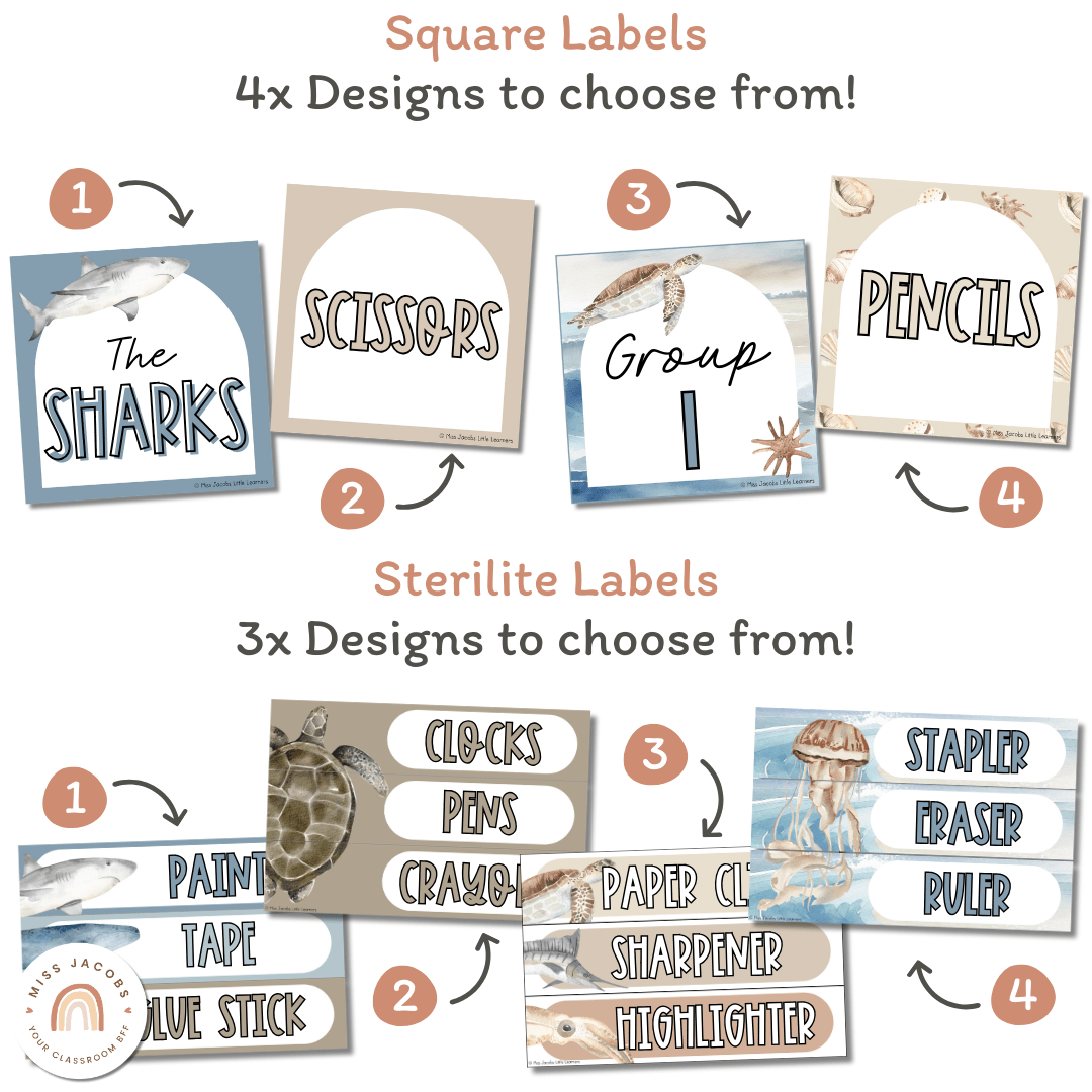 Classroom Labels Student Names & Supplies - Modern Ocean Theme