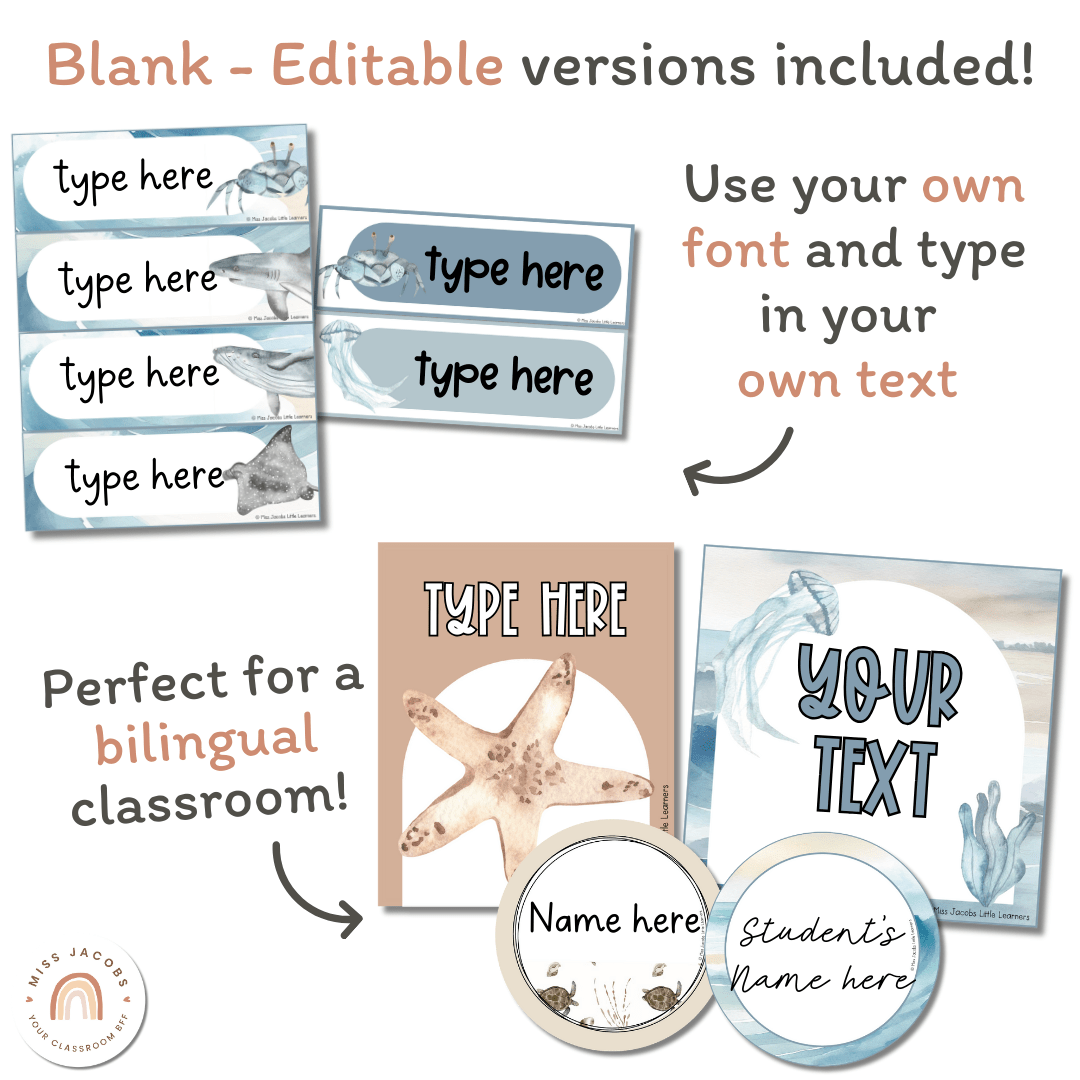 Classroom Labels Student Names & Supplies - Modern Ocean Theme