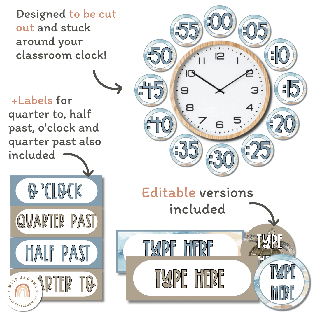 Clock Labels - Modern Ocean Classroom Decor