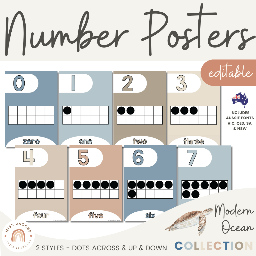 Number Posters with Ten Frames - Modern Ocean Decor - Miss Jacobs
