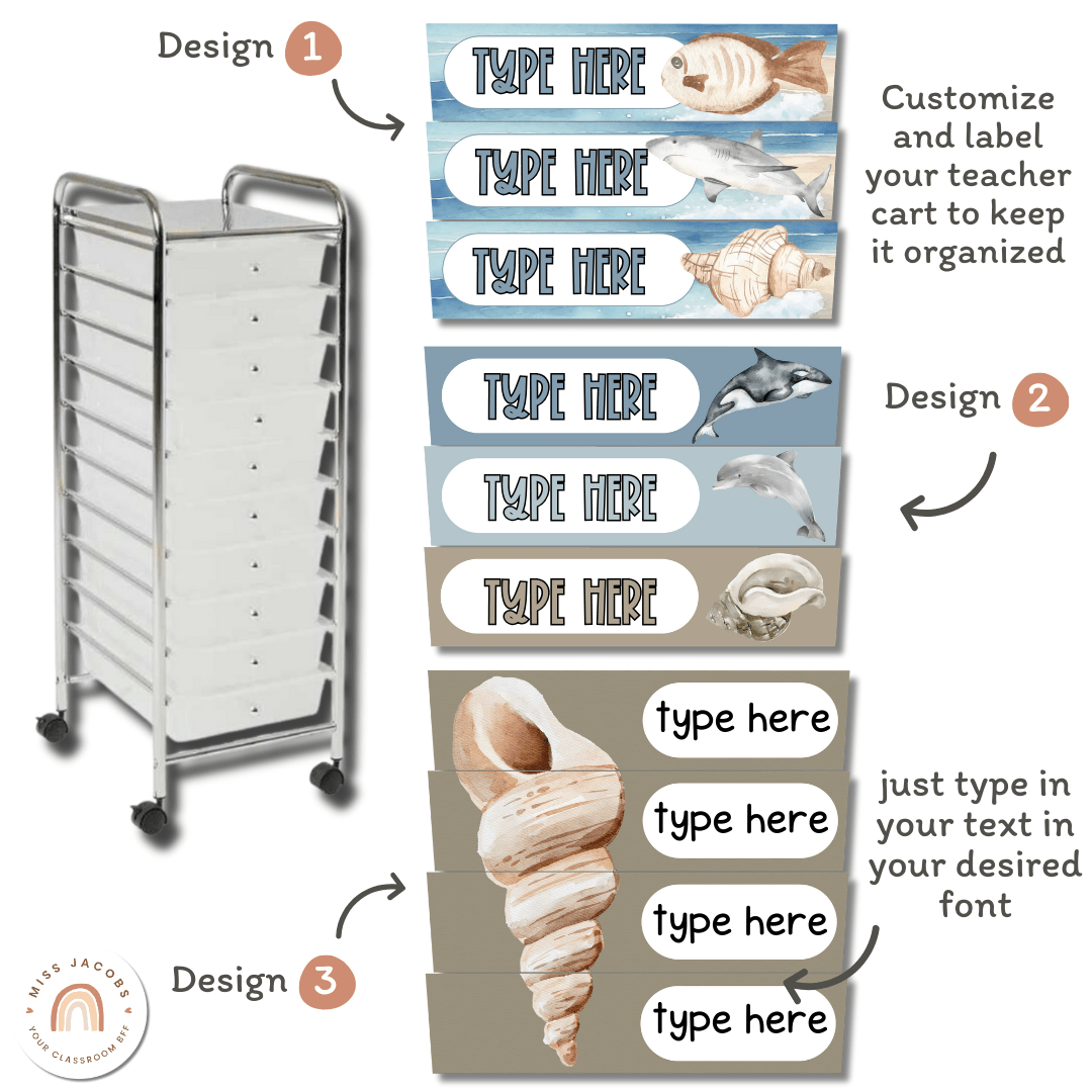 Teacher Trolley Labels for Rolling Cart - Modern Ocean Theme