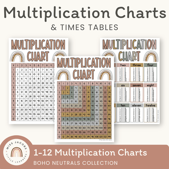 Multiplication Charts with Times Table - Boho Neutrals Theme - MJLL