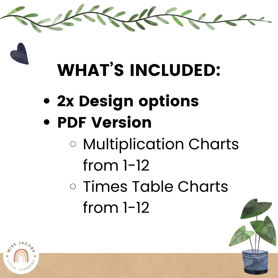 Times Tables Charts with Multiplication Facts | Rustic Boho Plants
