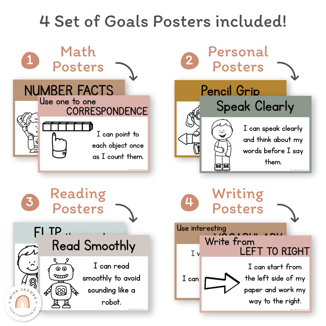 Neutral Toned Student Goal Posters Bundle | Neutral Classroom Decor