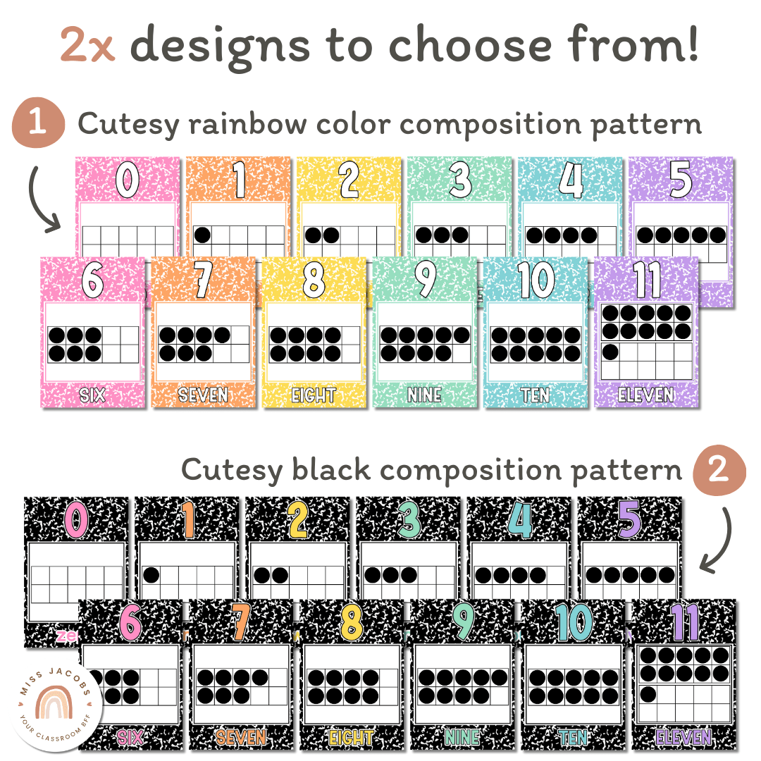 Number Posters with Ten Frames - Cutesy Composition Notebook Theme - MJLL