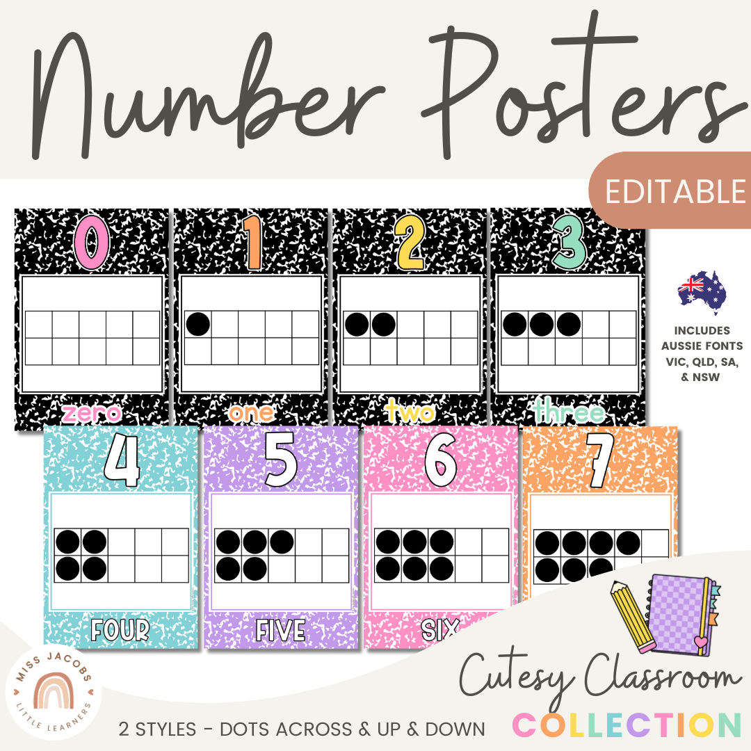 Number Posters with Ten Frames - Cutesy Composition Notebook Theme - MJLL