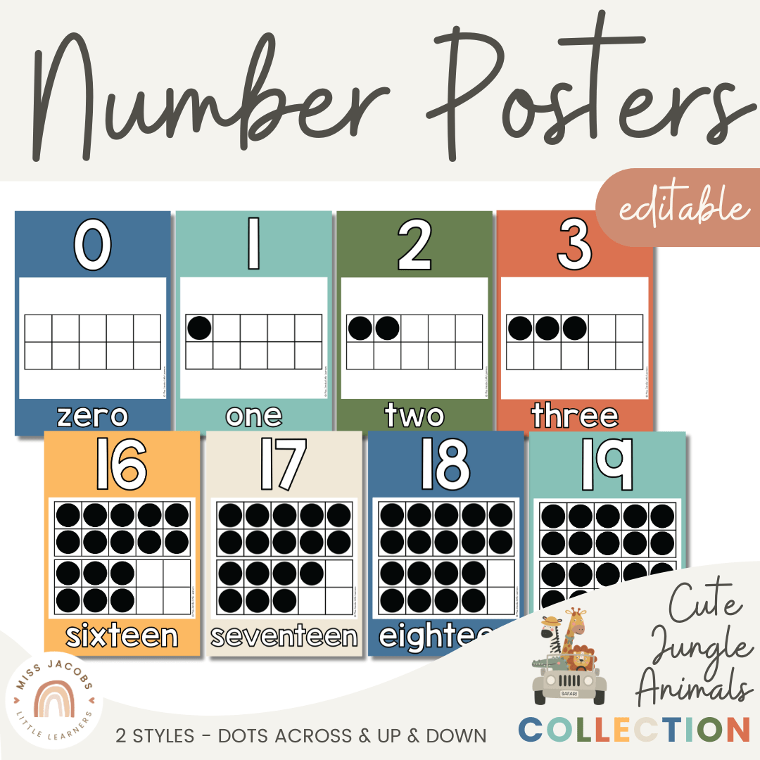 Math Number Posters with Ten Frames | Cute Jungle Animals