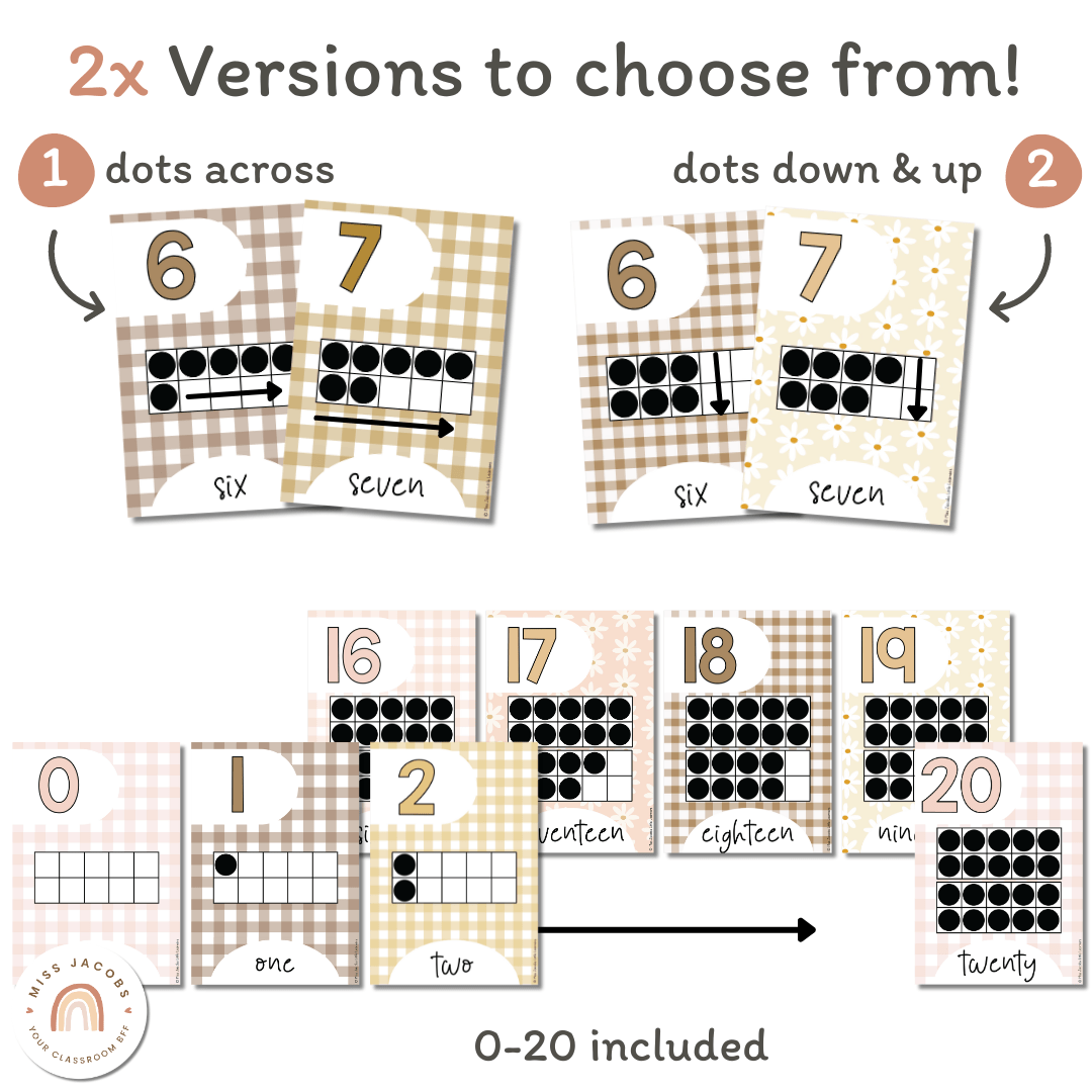 Number Posters with Ten Frames - Daisy Gingham Neutrals Decor