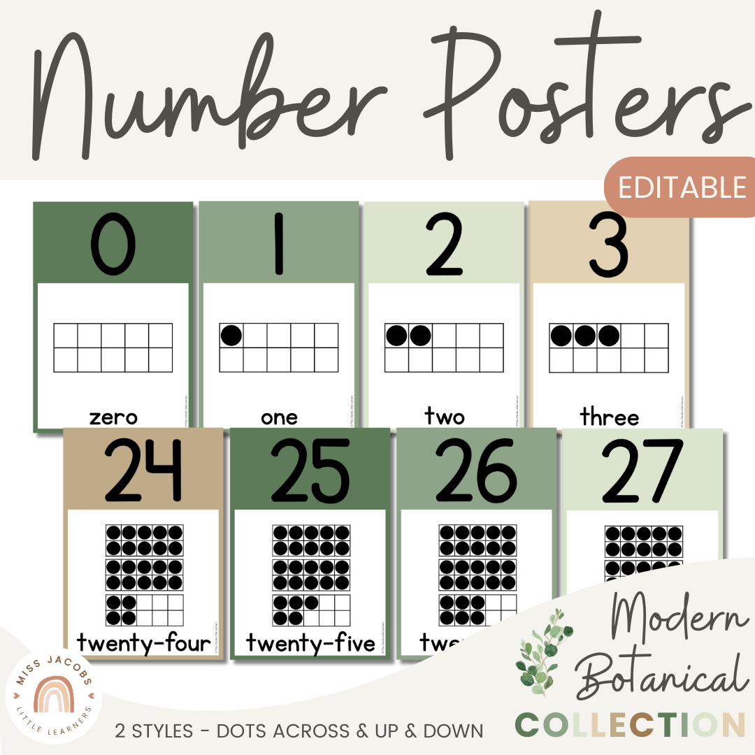 Number Posters with Ten Frames -Modern Botanical Theme - Miss Jacobs