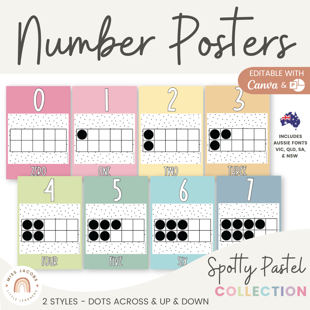 Number Posters with Ten Frames - Spotty Pastel Theme - Miss Jacobs
