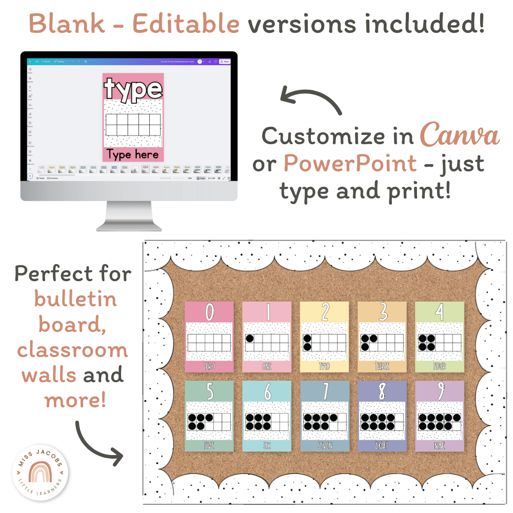 Number Posters with Ten Frames - Spotty Pastel Theme - Miss Jacobs