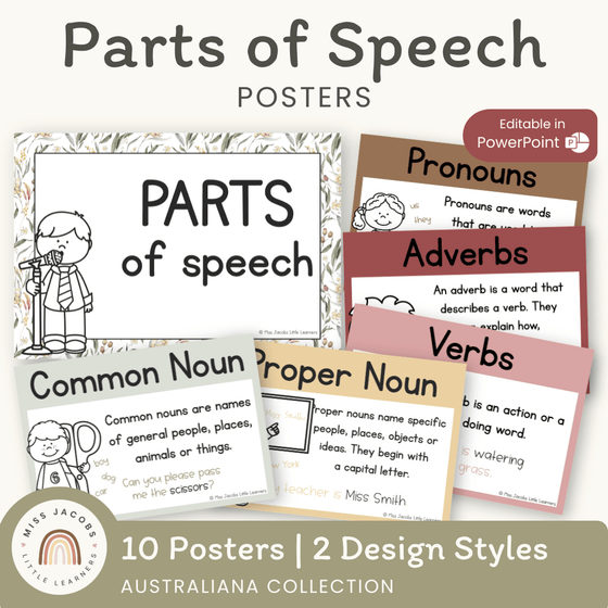 Parts of Speech Posters - Australiana Classroom Theme - MJLL – Miss ...