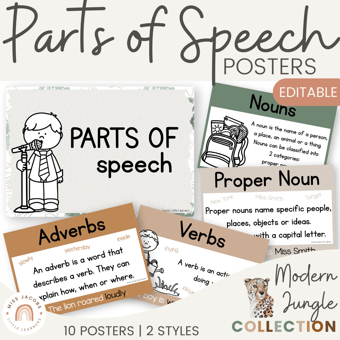 Parts of Speech Posters - Modern Jungle Earthy Theme - Miss Jacobs