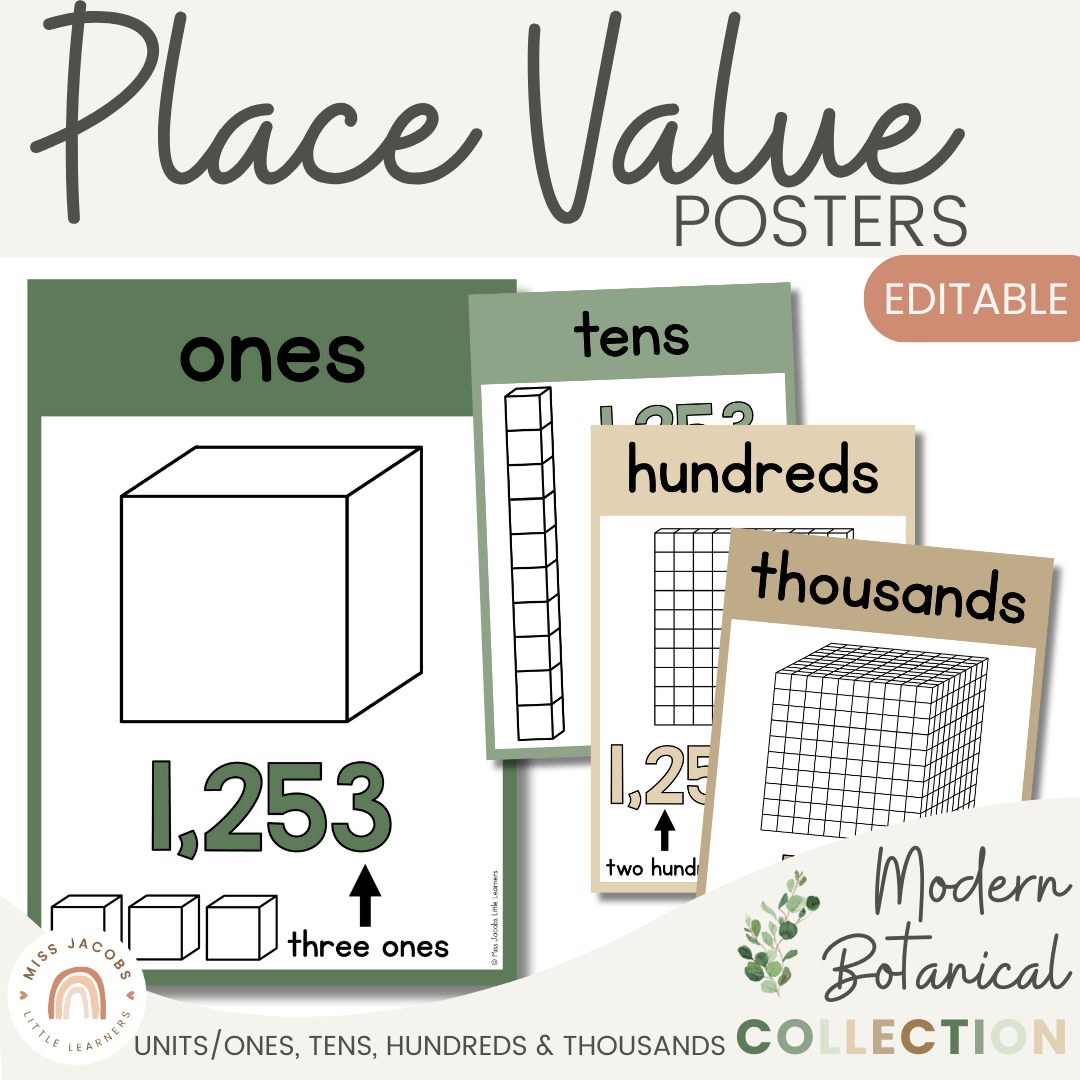 Place Value Posters - Base 10 Blocks - Modern Botanical Theme - MJLL