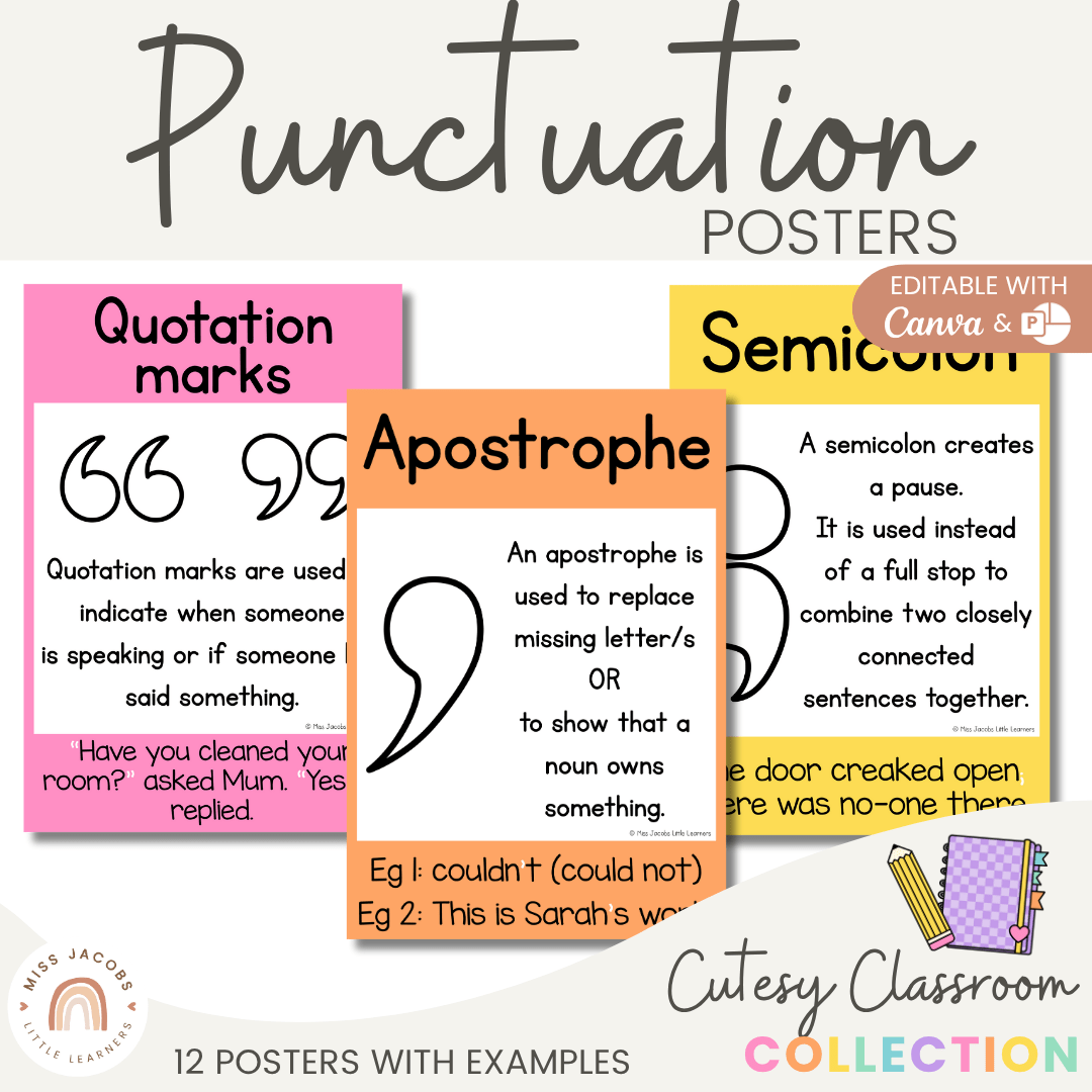 Punctuation Posters - Cutesy Classroom Theme - Miss Jacobs