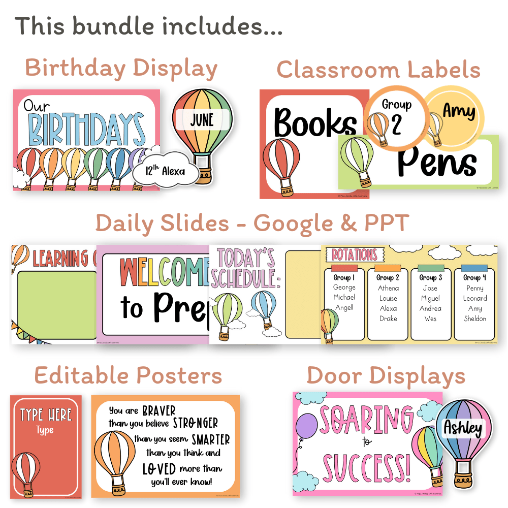 Rainbow Hot Air Balloon Theme Classroom Essentials Decor Pack - MJLL