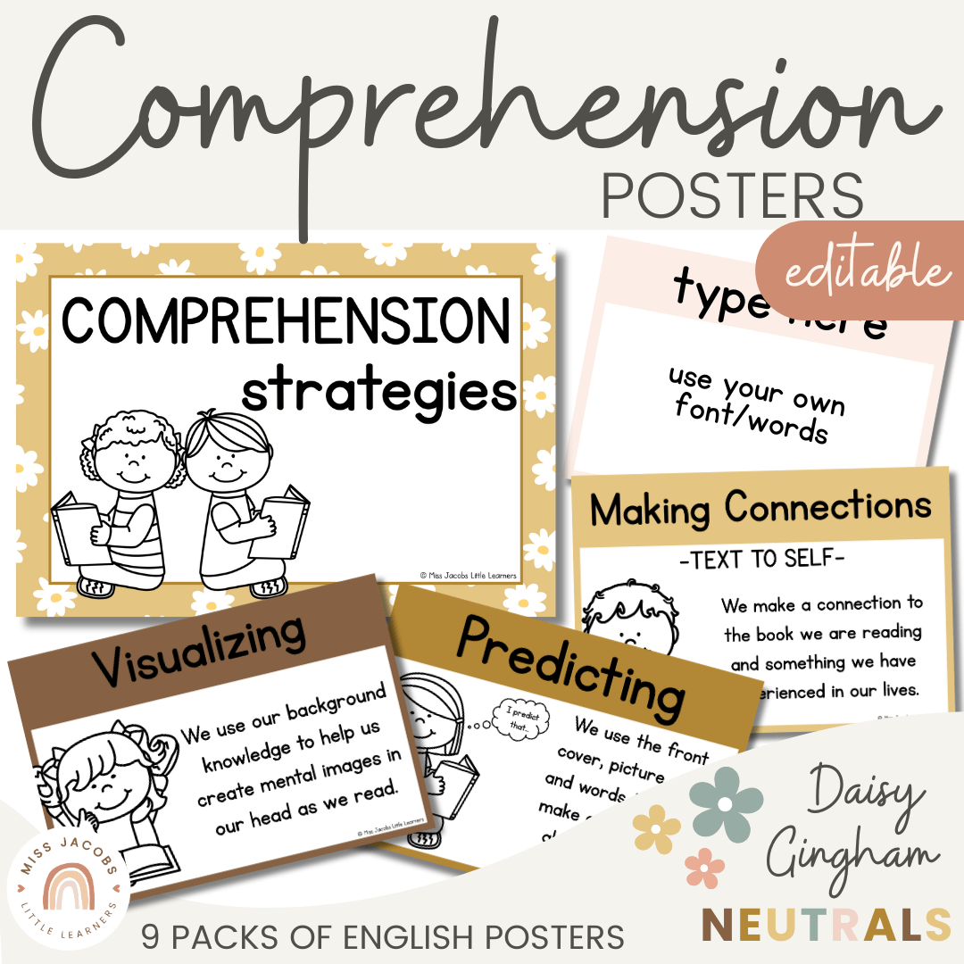 Reading Comprehension Strategies Posters - Daisy Gingham Neutrals