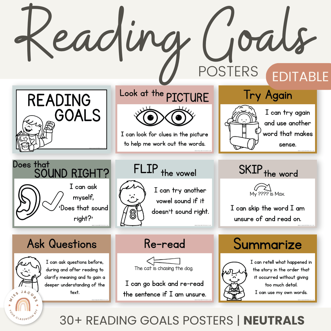 Reading Goals Posters | Neutral Toned Classroom Decor