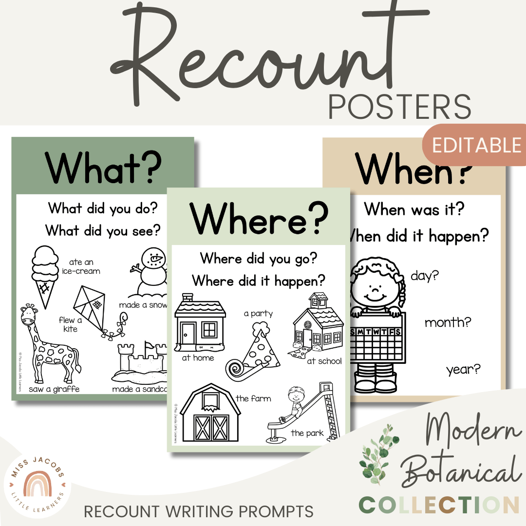 Recount Posters - Modern Botanical Classroom Theme - Miss Jacobs
