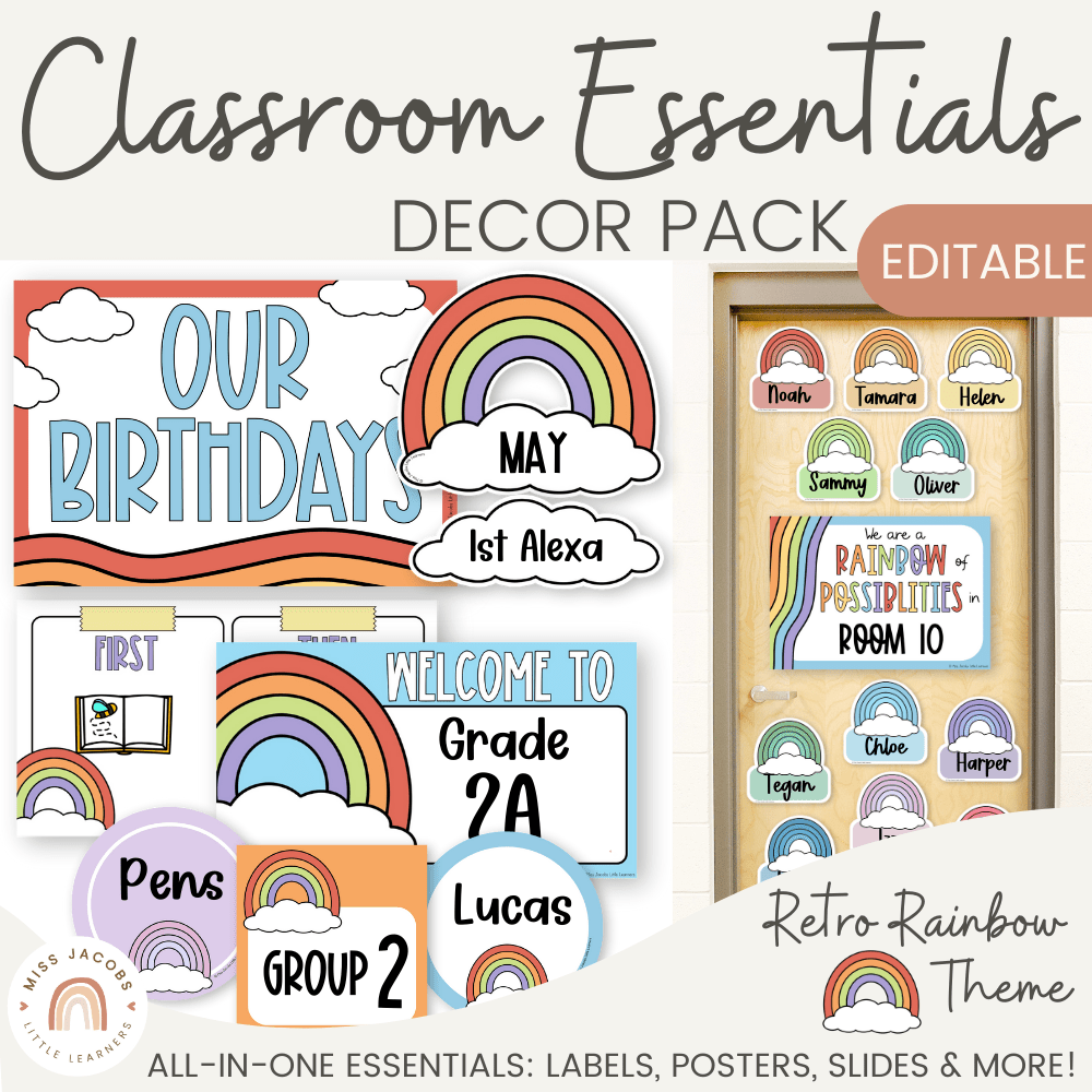 Retro Rainbow Theme Classroom Essentials Decor Pack - Miss Jacobs