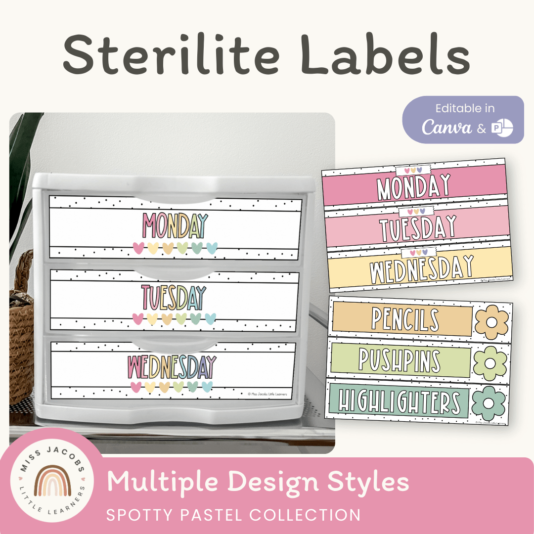 Sterilite 3-Drawer Labels - Spotty Pastel Theme - Miss Jacobs