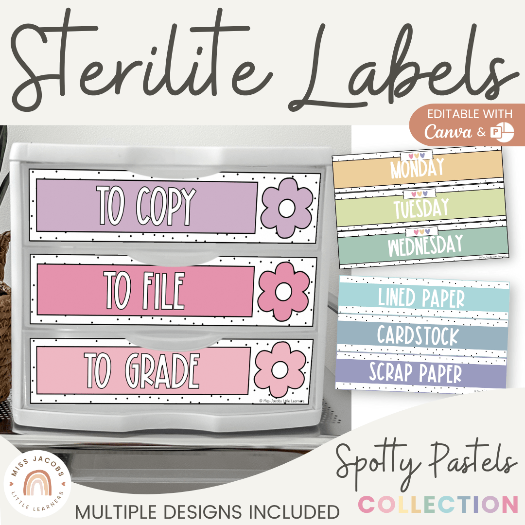 Sterilite 3-Drawer Labels - Spotty Pastel Theme - Miss Jacobs