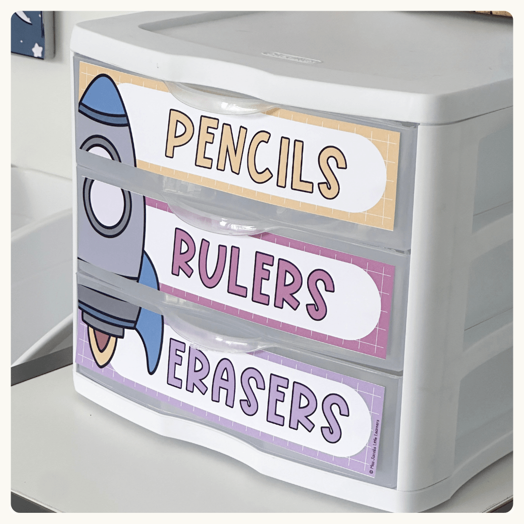 Sterilite Drawer Labels - Dreamy Space Classroom Decor - MJLL