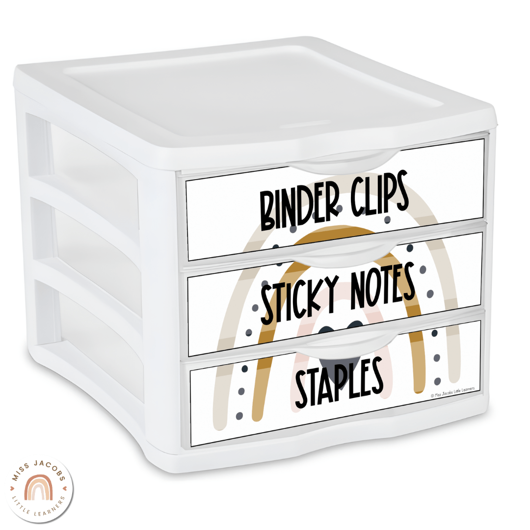 Sterilite Drawer Labels - Boho Rainbow Neutrals Classroom Theme - MJLL