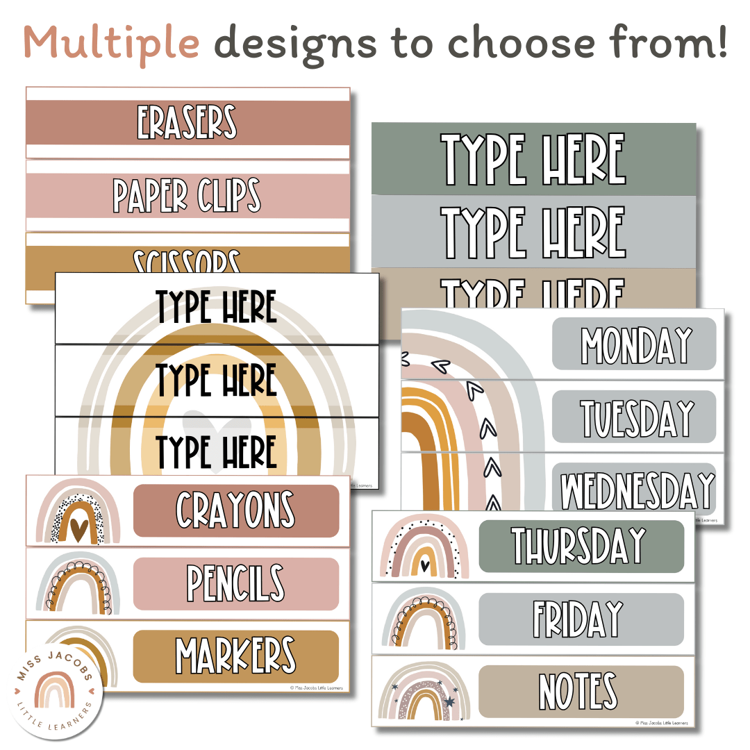 Sterilite Drawer Labels - Boho Rainbow Neutrals Classroom Theme - MJLL