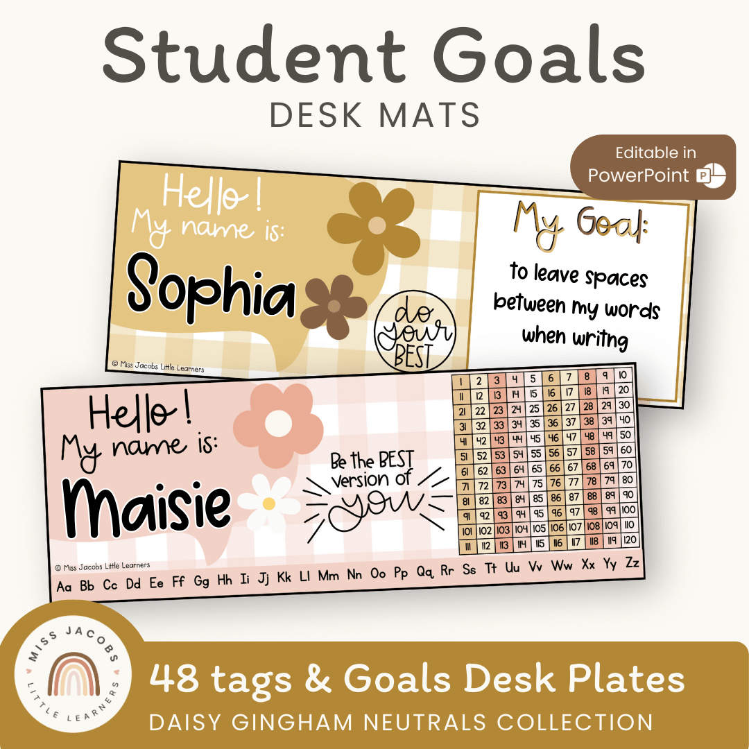 Student Desk Name Plate & Goals Mat - Daisy Gingham Neutrals