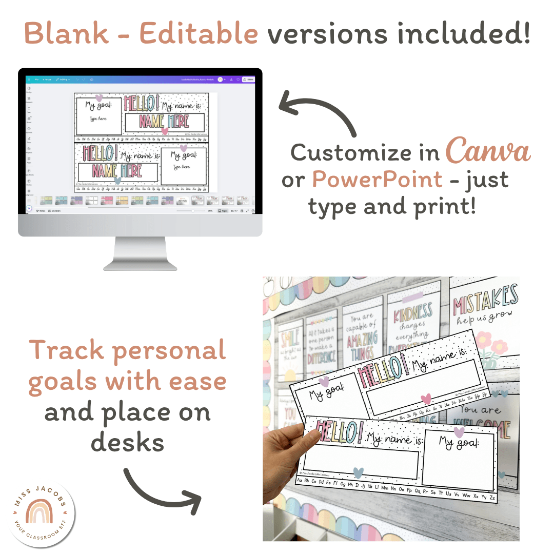 Student Desk Name Plate & Goals Mat - Spotty Pastel Theme - MJLL