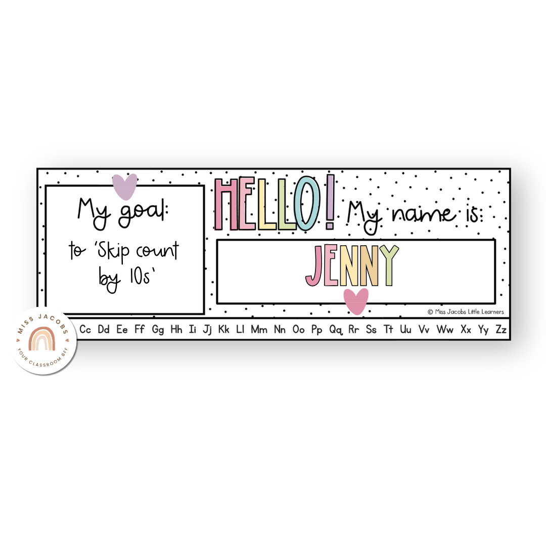 Student Desk Name Plate & Goals Mat - Spotty Pastel Theme - MJLL