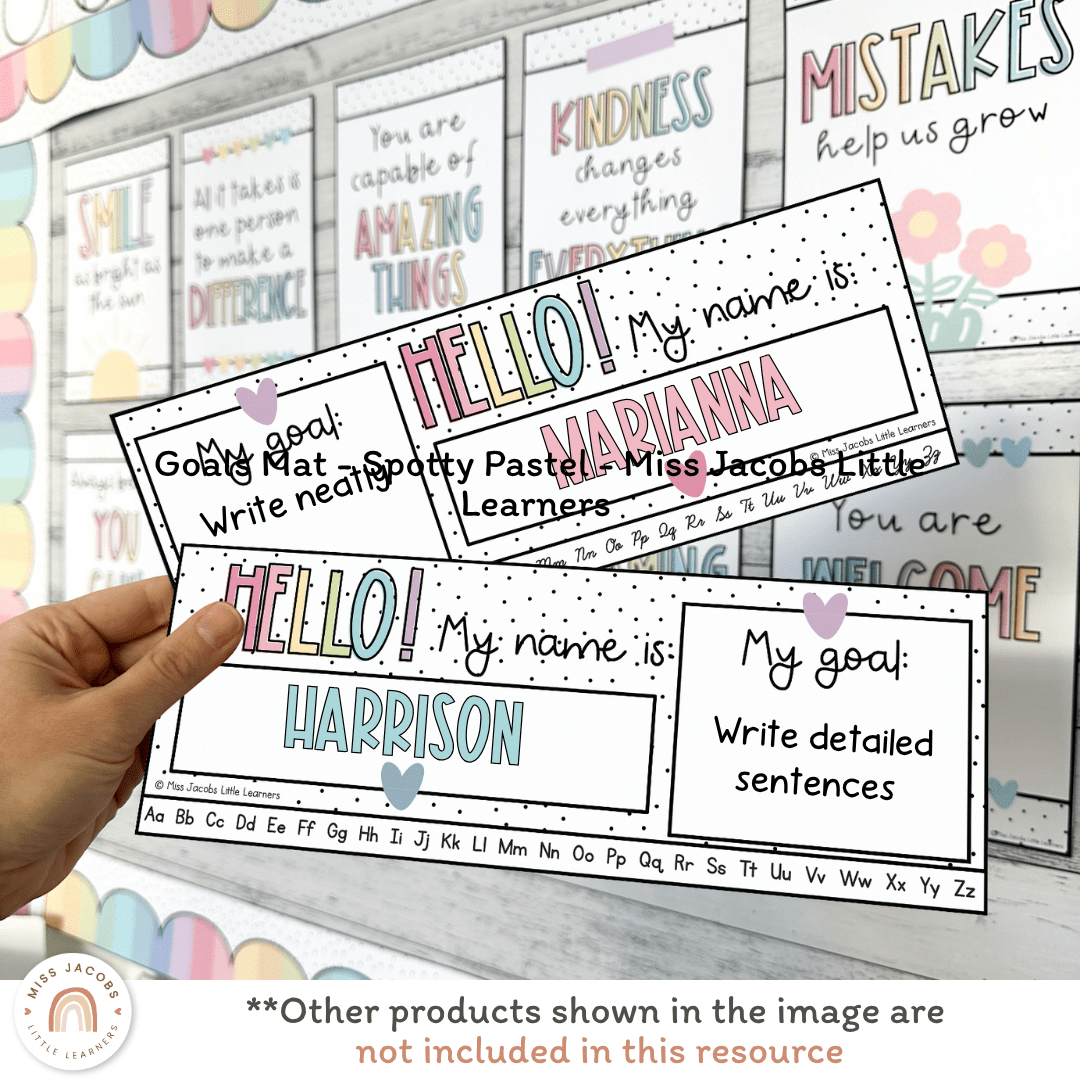 Student Desk Name Plate & Goals Mat - Spotty Pastel Theme - MJLL
