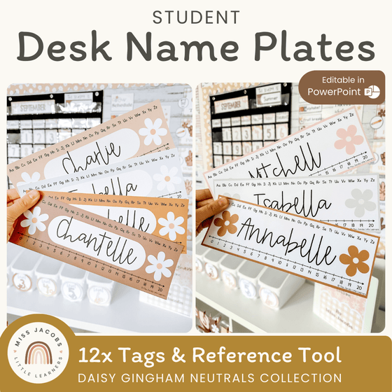 Student Desk Plates & Supply Labels | Daisy Gingham Neutral Classroom ...