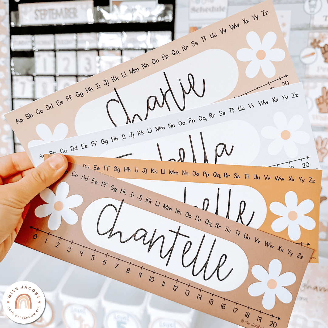 Student Desk Plates & Supply Labels | Daisy Gingham Neutral Classroom Decor