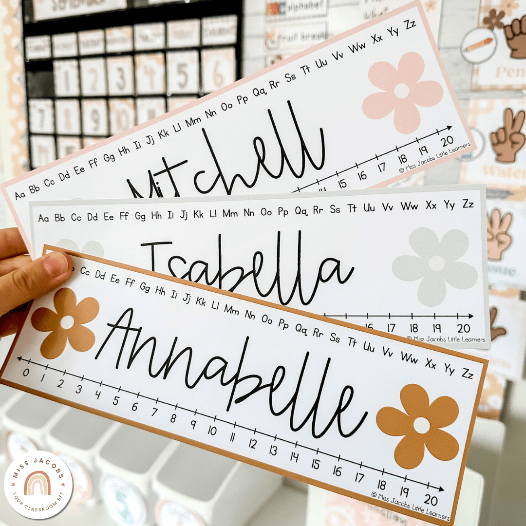 Student Desk Plates & Supply Labels | Daisy Gingham Neutral Classroom Decor