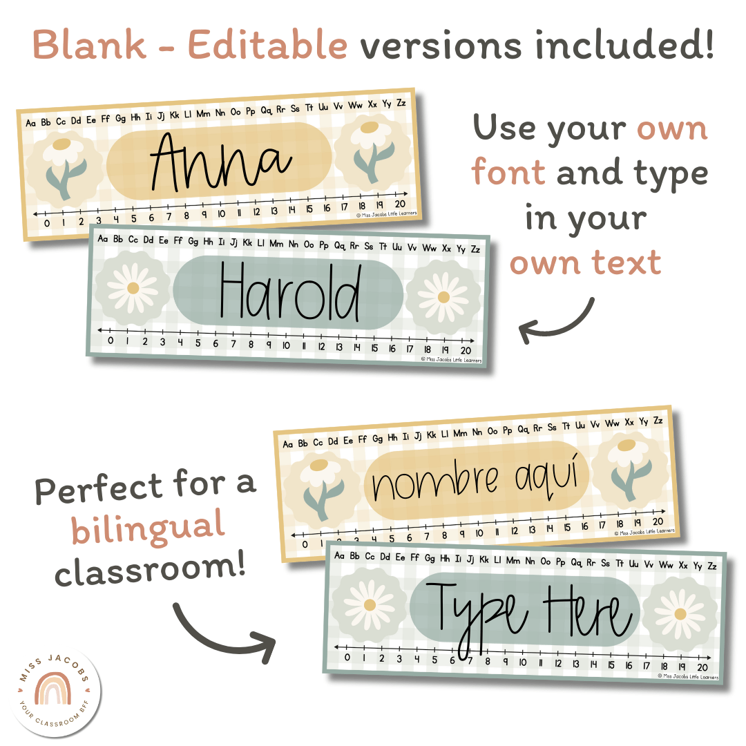 Student Desk Plates & Supply Labels | Daisy Gingham Neutral Classroom Decor