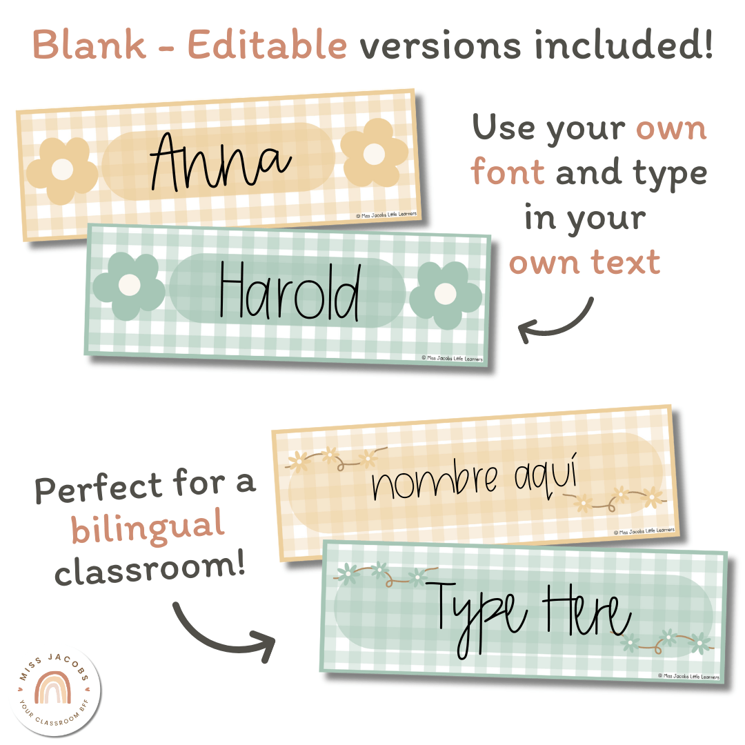 Student Desk Name Plates - Daisy Gingham Pastels Decor