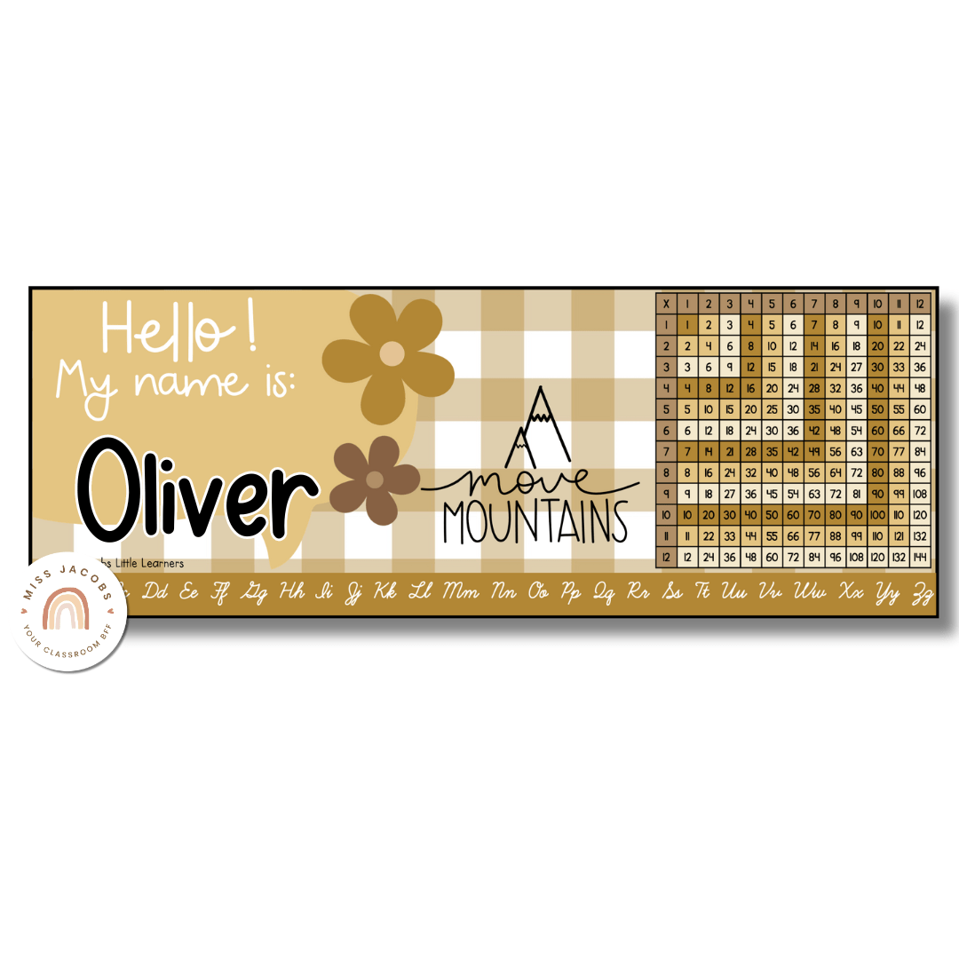 Student Desk Name Plate & Goals Mat - Daisy Gingham Neutrals