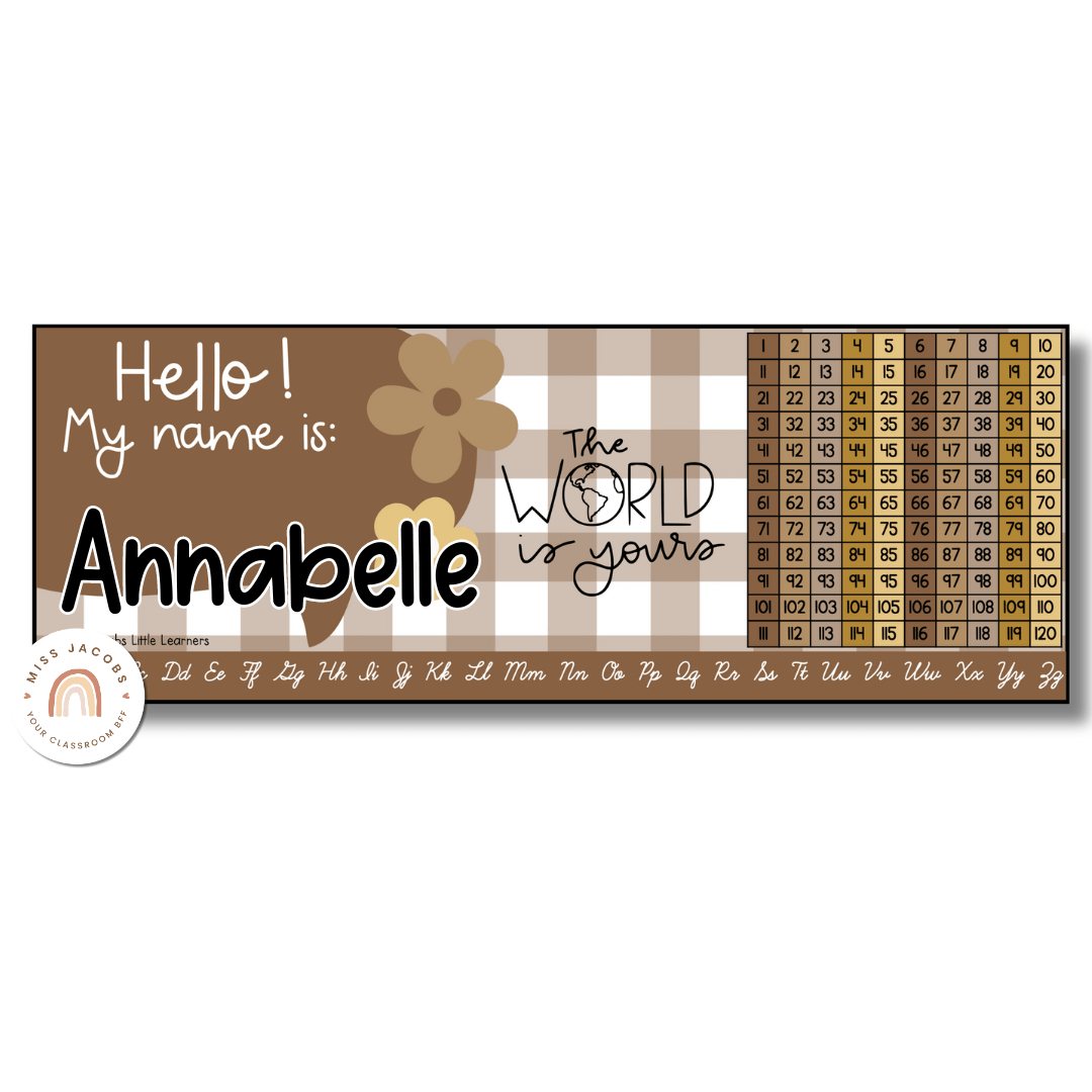 Student Desk Name Plate & Goals Mat - Daisy Gingham Neutrals