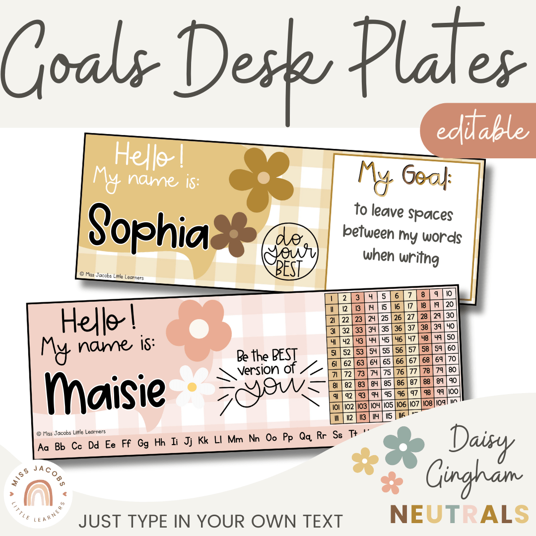 Student Desk Name Plate & Goals Mat - Daisy Gingham Neutrals