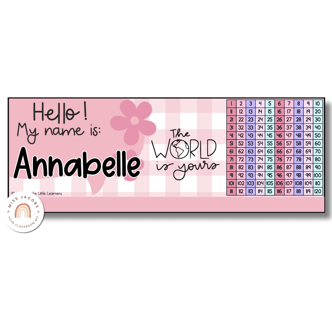Student Desk Name Plate & Goals Mat - Daisy Gingham Pastels